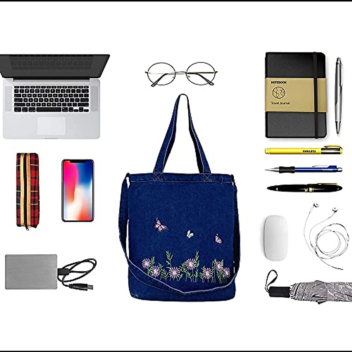 Van Caro Women Denim Purse Blue Jean Bag Fashion Tote Bag Shoulder Bag Handbag Top Handle Satchel Purse,Deep Blue Butterfly