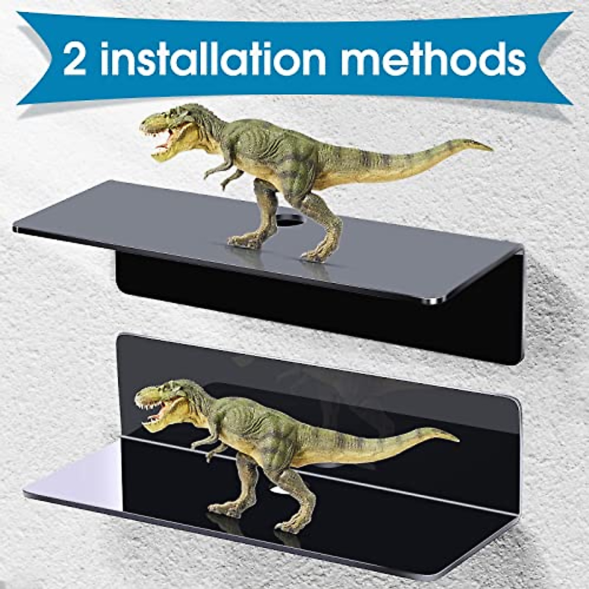 8 Pieces Acrylic Floating Wall Shelves 9 Inches Adhesive Floating Shelf Screwless Shelves Hanging Shelves Small Self Adhesive Display Shelf for Smart Speaker, Action Figures, Security Cameras (Black)