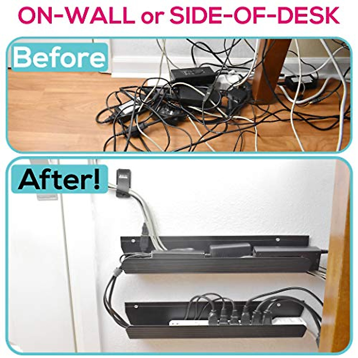 Cable Management Tray, Under-Desk, On-Wall or Side-of-Desk, 17x4x2.4”, 2-PK, Hide & Organize Your Cables, Power Supplies and Power Strips, Bonus 10-Pk Cable Ties