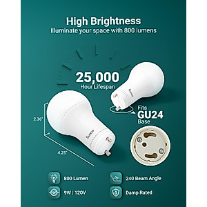 Sunco 2 Pack GU24 LED Bulbs 2 Prong A19, CRI91 5000K Daylight, 9W Equivalent 60W, CFL Replacement 800 Lumens, Super Bright Dimmable, Twist & Lock GU24 Pin Base with Two Prongs, Instant On UL