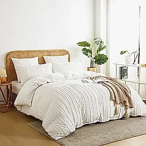 Nayoroom White Boho Duvet Cover Set Queen Size Striped Textured Tufted Bedding Sets 3 Pieces Soft Lightweight Washed Microfiber Farmhouse Aesthetic Comforter Cover with Zipper Closure for All Seasons