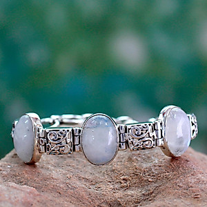 NOVICA Artisan Handmade Moonstone Link Bracelet Artisan Crafted Sterling Silver White India Good Fortune Birthstone [6 in min L x 7.75 in max L 15 mm W] ' Floral Legends'