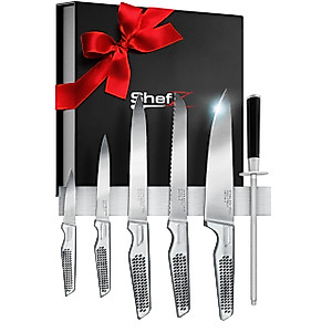 7 Pcs Ultra Sharp Kitchen Chef Knife Set with Magnetic Strip, Sharpener and Gift Box - Professional Stainless Steel Cooking Knives Set for Cutting Meat & Vegetable, Great for Gift