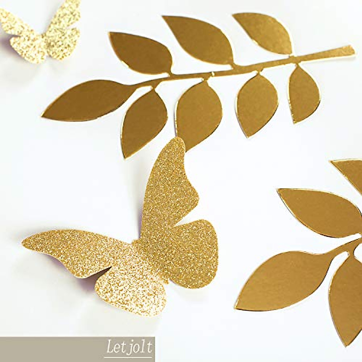 Letjolt Golden Paper Leaves Set Decorations for Family Tree Photo Wall Crafts Leaf(12pcs) Glitter Butterfly(4pcs) Nursery Decor Baby Shower Backdrop Decals
