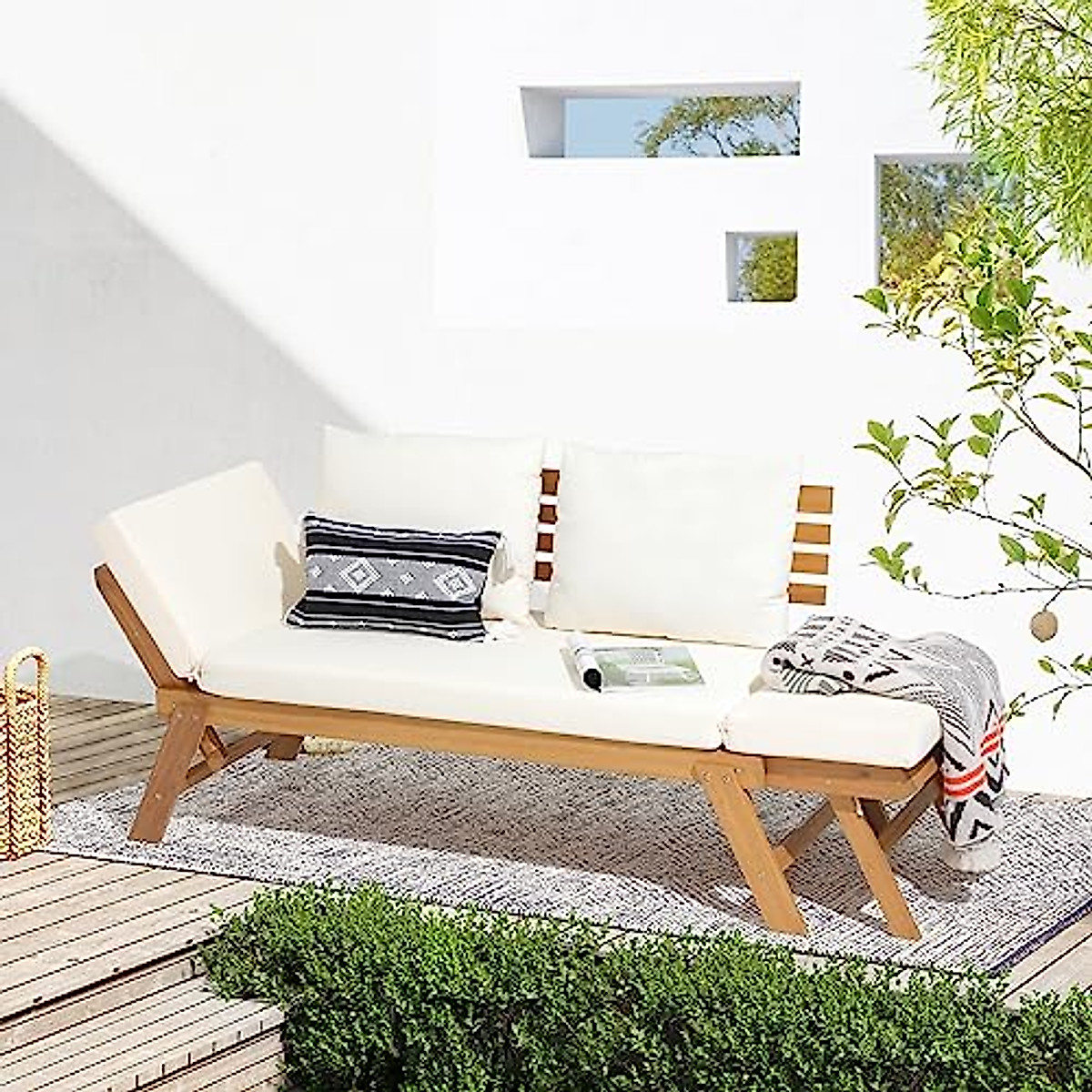 Verano Garden Outdoor Convertible Sofa Daybed, FSC Acacia Wood Patio Couch with Thick Cushion & Pillows for Porch, Backyard, Balcony, Apartment, Sunroom, Cream White