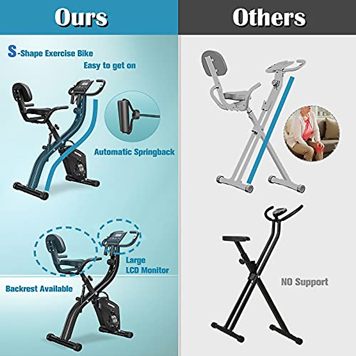 Folding Exercise Bikes DISPANK 3-in-1 X-Bike Indoor Portable Exercise Bikes, Sturdy Foldable Stationary Bike with Automatic Springback Arm Resistance Band and Backrest, 10-Level Resistance for Men, Women and Seniors