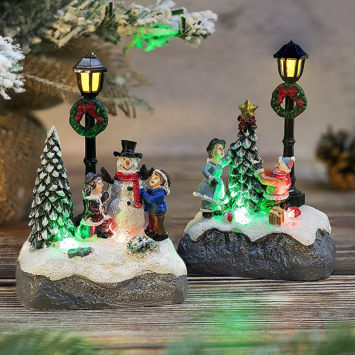 Mudder 2 Pieces Christmas Village Houses Decorations Led Light up Christmas Tree Christmas Snowman Light Christmas Decorations Figurines Buildings Landscape Lamppost Dector