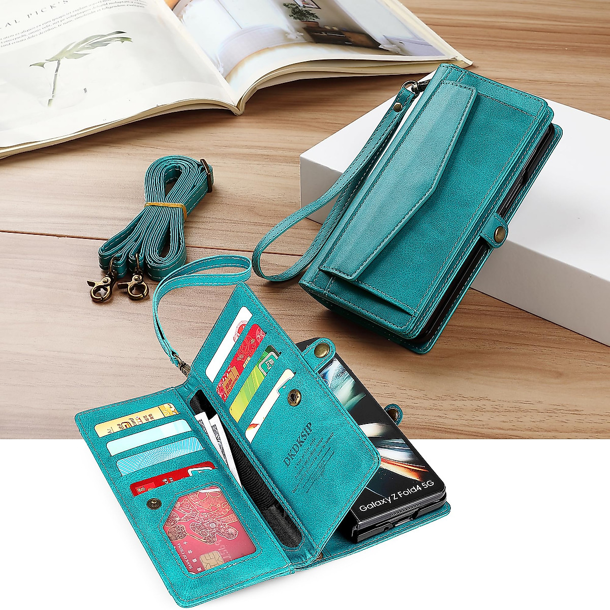 DKDKSIP for Samsung Galaxy Z Fold 5 Wallet Case for Women, RFID Blocking Card Holder, PU Leather Flip Phone Case with Crossbody Strap Wristlet Kickstand for Galaxy Z Fold 5, Blue