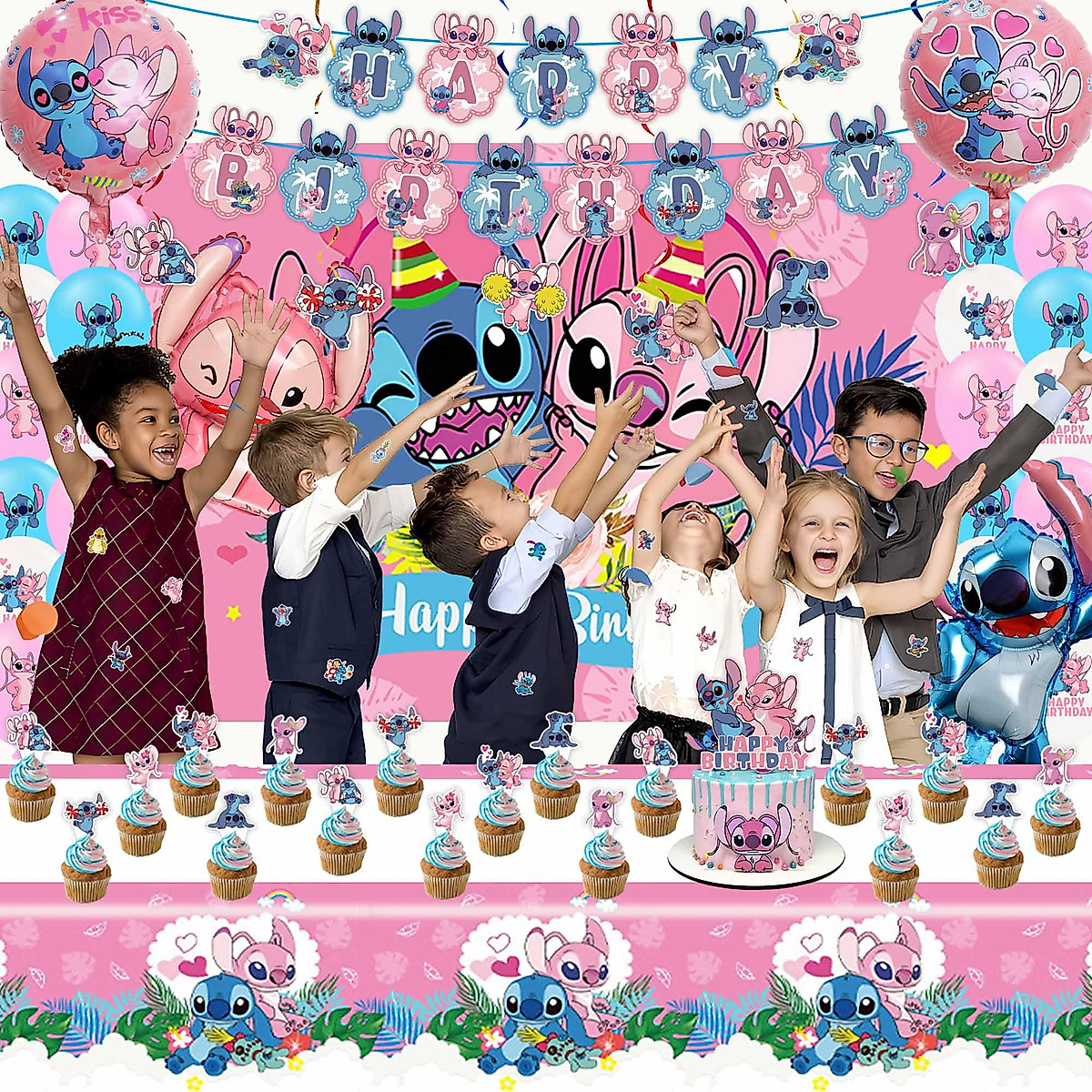 DOCOKY Cartoon Birthday Decorations, Birthday Party Decorations Include Banner, Balloons, Cake Toppers, Backdrop, Stickers, Hanging Swirls, Tablecloth for Boys and Girls Theme Party Supplies