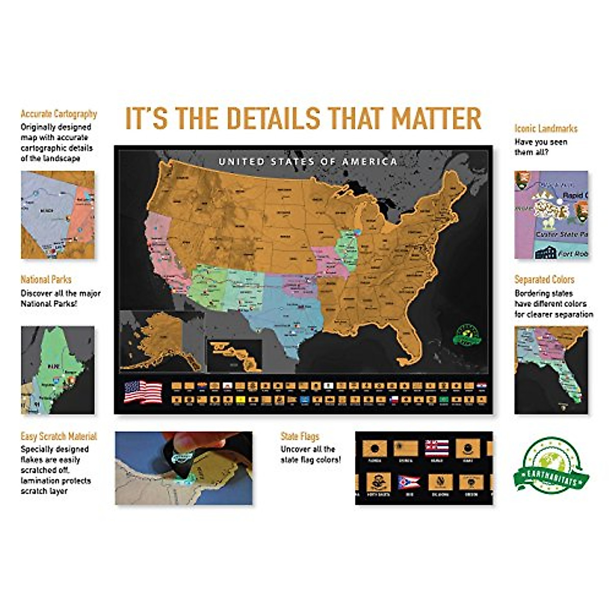 Scratch Off Map of The United States – US Scratch Off Travel Map with 50 State Flags and Landmarks – Map to Track States Visited, Full Accessories Set Included, Gift for Travelers, by Earthabitats