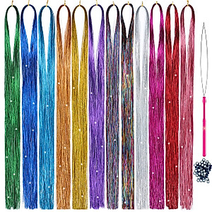 Hair Tinsel kit Fairy Hair Tinsel Kit 47 Inch Hair Extensions Hair Tinsel Kit Strands with Tool 12 Colors 2280 Strands Sparkling Glitter Fairy Hair Tinsel (12 Colors)