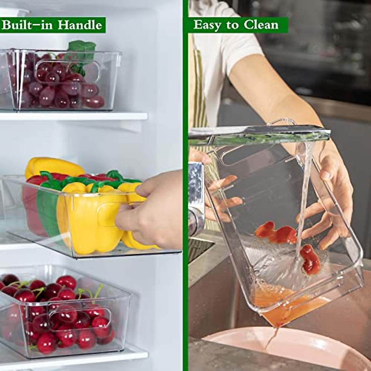 8 pack Refrigerator Organizer Bins, Organizer Bins with Handles, Fridge Organizer for Freezers, Kitchen Countertops and Cabinets, Food Grade BPA-free(Clear)