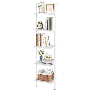 ELYKEN Ladder Shelf, White 5-Tier Wood Wall Mounted Bookshelf with Metal Frame, Modern Open Display Organizer Rack, Leaning Storage Shelves for Living Room, Bedroom, Home Office