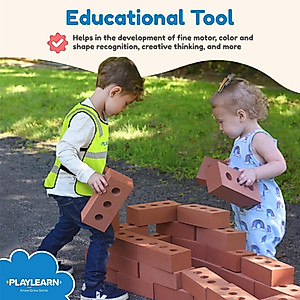 Playlearn 25pc Foam Brick Building Blocks for Kids- Children’s Reflective Worker Vest and Storage Bag Included - Actual Brick Size – Lightweight, Soft Building Blocks - Fake Brick Blocks
