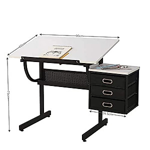 Lamerge Drafting Table with Stool, Drawing Desk for Adults/Artists with 3 Storage Drawers, Tabletop Adjustable 0-75° Tilting for Reading Writing Work Home Office, White