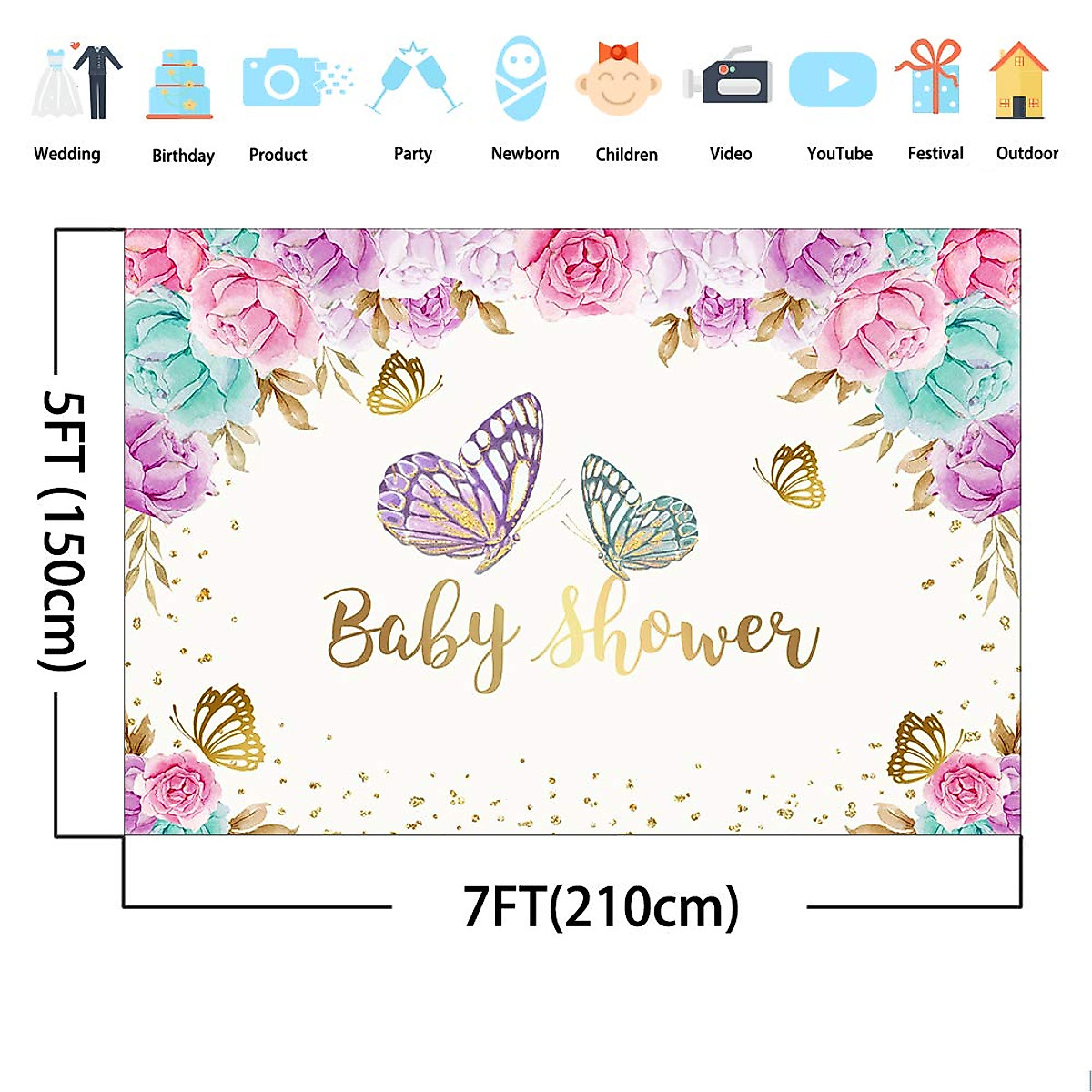 Avezano 7x5ft Butterfly Baby Shower Backdrop Spring Floral Butterfly Baby Shower Gold Dots Background Vinyl Flowers Golden Butterfly Baby Shower Backdrops Decorations