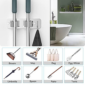HOMEASY Mop Broom Holder Wall Mounted SUS304 Stainless Steel, Mop Broom Organizer with 2 Installation Methods (No Drilling&Screw Drilling Installation 2 In 1), Mop Hanger Heavy Duty with Hooks, 2PCS