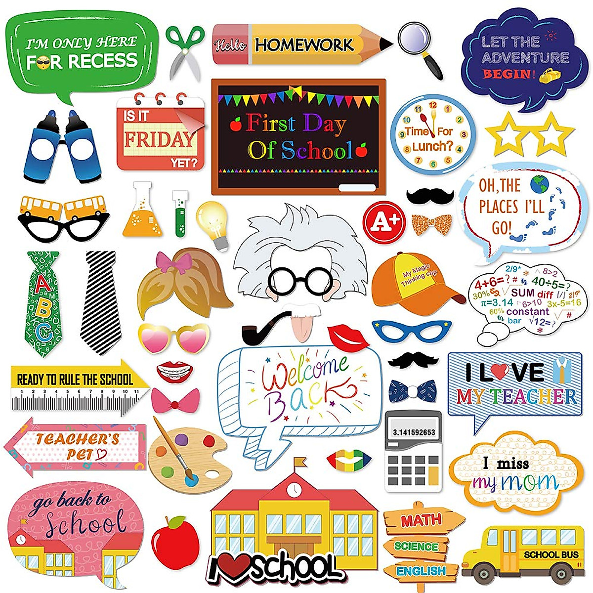 Konsait 46Count Back to School Photo Booth Props, First Day of School Welcome Decorations,Apple Pencil Stationery Chalkboard Decor for New Grade Celebrating Classroom Kindergarten Party Supplies