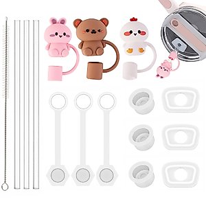 Stanley Cup Accessories Set Including 9 Pcs Silicone Spill Proof Stopper,3 Pcs Straw Cover Cap for 9-10 mm animal Straw Topper, 3Pcs Reusable Straw and 1 Cleaning Brush for Stanley Cup 40oz & 30oz