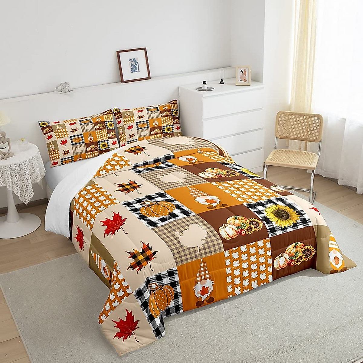 Manfei Retro Plaid Splicing Comforter Set with 2 Pillowcases,Thanksgiving Theme Sunflower Pumpkin Super Soft Microfiber Bedding Set for Adults Teens,Rustic Farmhouse Duvet Set for Room Decor,King