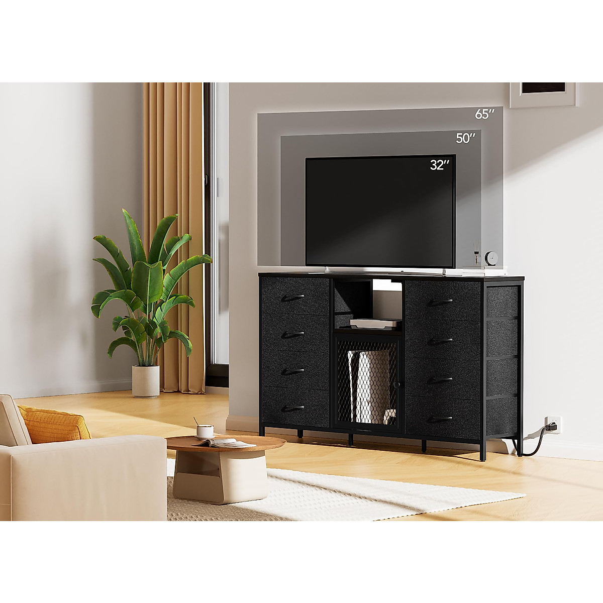 Decofy Dresser for Bedroom with LED Lights and Power Outlets, 8 Drawers TV Stand Dresser for 65 Inch TV, Fabric Chest of Drawers with Open Shelves, Black Dressers for Bedroom, Closet