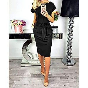 PRETTYGARDEN Women's Summer Short Sleeve Crewneck Striped Dress Basic Solid Tie Waist Office T Shirt Dresses Pockets Black