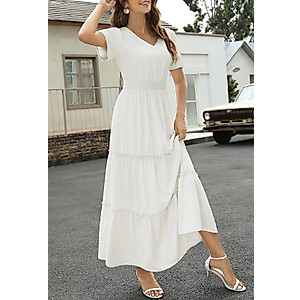 Zattcas Womens 2025 Long Summer Dress Casual Short Flutter Sleeve V Neck Smocked Waist Tiered Flowy Modest Solid Boho Maxi Dress White M