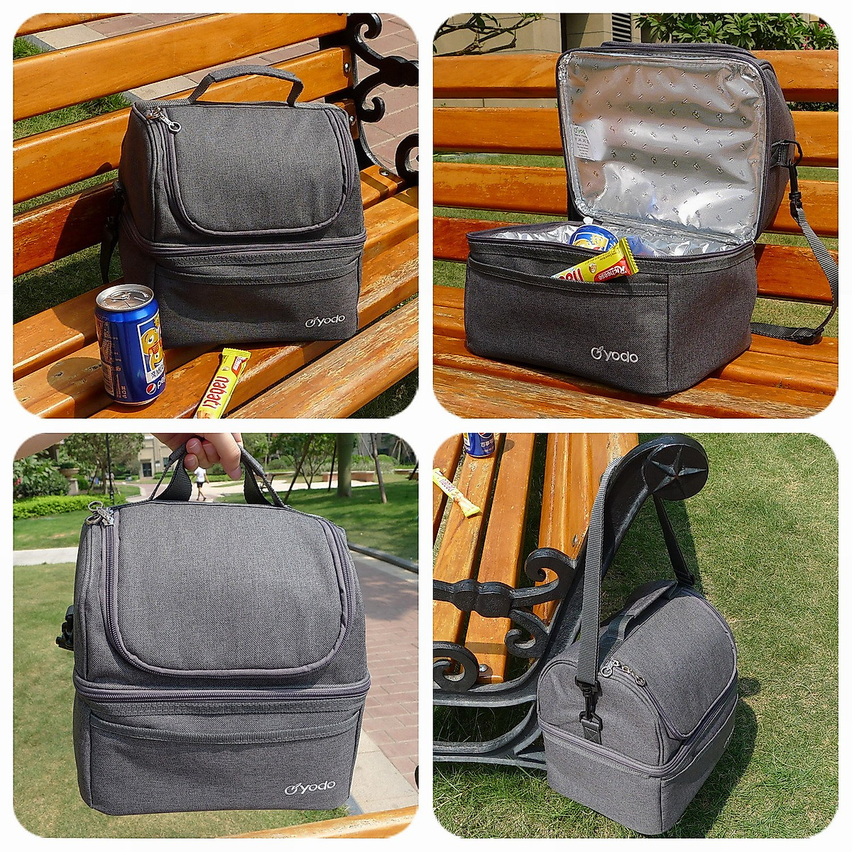 yodo Large Lunch Bag Double Layer Cooler Tote Bag for Adult Women and Men - Idea for Beach, Picnics, Road Trip, Meal Prep, Everyday Lunch to Work, Gray