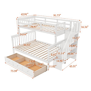 Twin Over Full Bunk Bed, Wood Twin Over Full Bunk Bed Frame with Storage Drawers and Shelves, Twin Over Full Size Bunk Bed Frame with Guardrails and Stairs for Kids Boys Girls Teens Adults, White