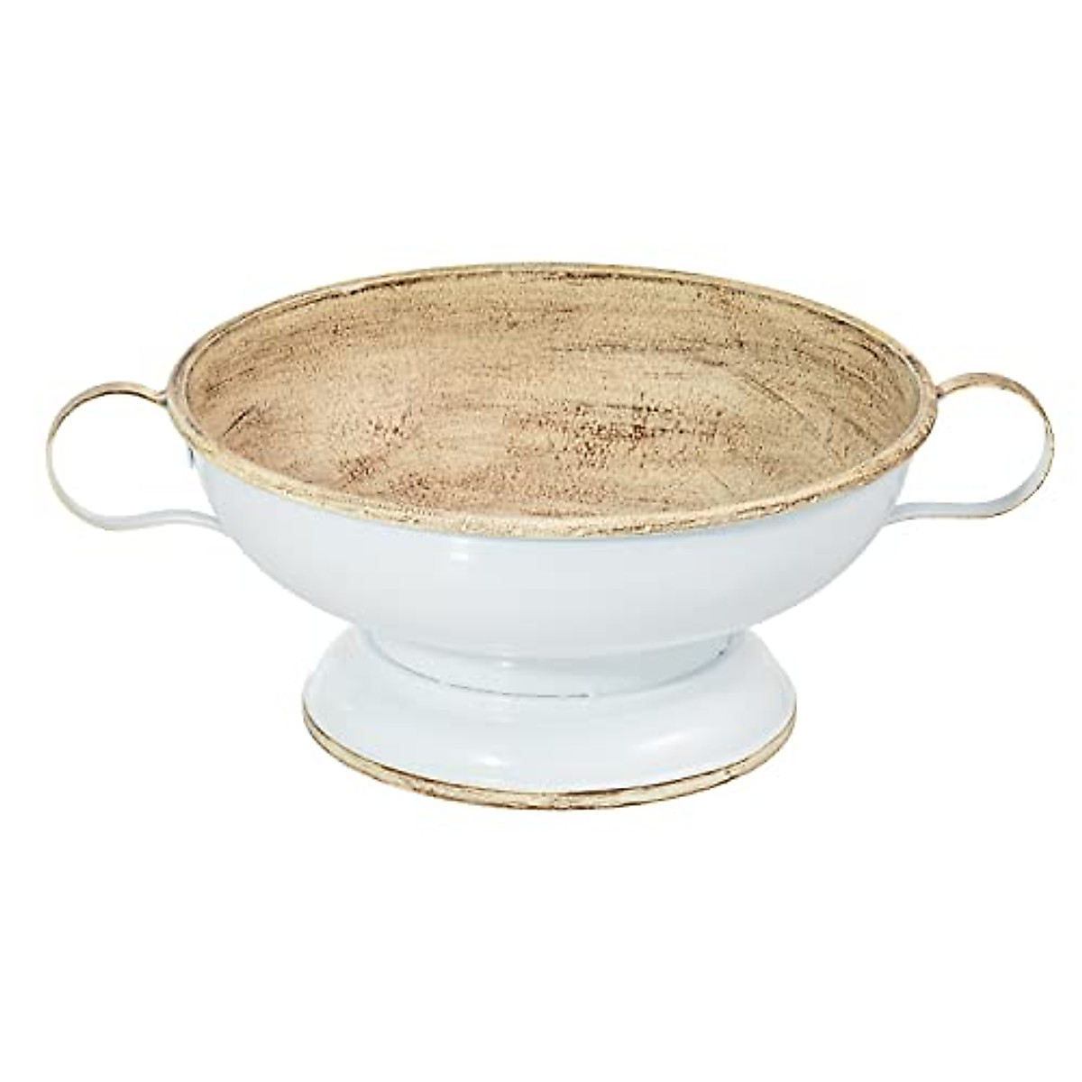 Ka Home Distressed Metal Bowl for Decorative Centerpiece, Table, Home Decor - Rustic White Large Footed Bowl with Handles - Farmhouse Kitchen Decor Accent