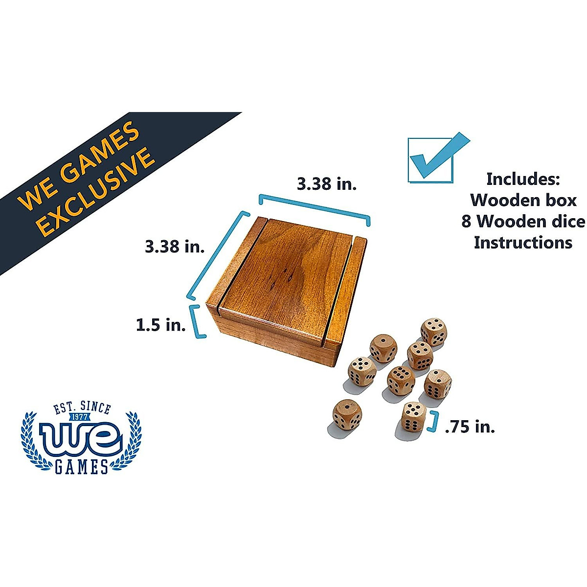 WE Games Wooden Dice Box with 8 Wooden Dice (19mm), Compact Wooden Dice Game Set with Instructions for 10 Classic Dice Games, Travel Games for Adults, Box with Magnetic Enclosure