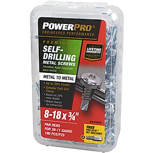 Power Pro Premium Self-Drilling Metal Screws, Zinc Plated Steel, Pan Head Metal to Metal Winged Point Screws, Silver, #8 x ¾ inch, Box of 180 Screws