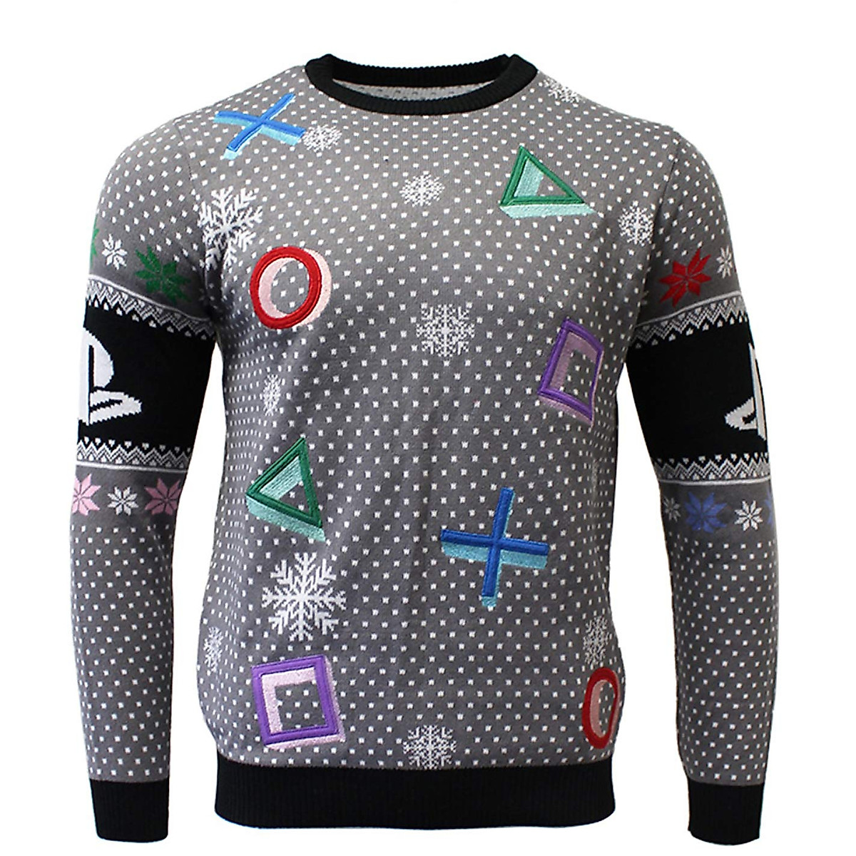 Numskull Unisex Official PlayStation Symbols Grey Knitted Christmas Jumper for Men or Women - Ugly Novelty Sweater Gift