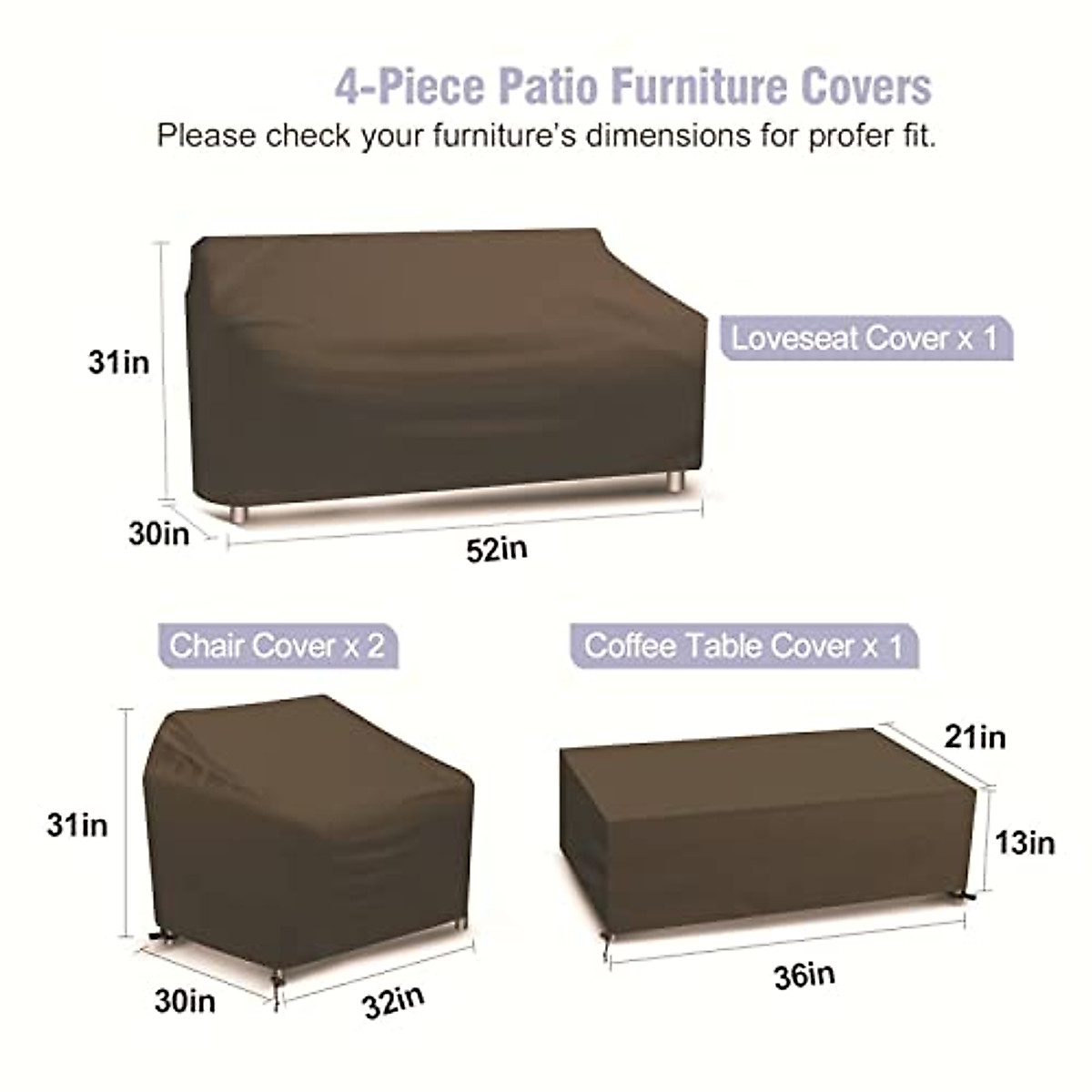 Outrora Patio Furniture Set Cover, 4 Piece Outdoor Furniture Covers Waterproof, All Weather Protection 600D Heavy Duty Patio Sofa Covers
