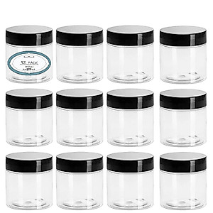 Qeirudu 4 Oz Plastic Jars with Lids 12-Pack, Empty Refillable Clear Plastic Containers with Lids and labels, Round BPA Free Containers For Slime, Scrubs, Body Butter, Lotion and other Beauty Products