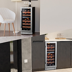 Ca'Lefort 15 Inch Wine Fridge, 28 Bottle Wine Cooler Refrigerator, 40-65°F Wine Refrigerator Glass Door, 3 LED Dual Zone Wine Fridge, Built-in or Freestanding Fridge for Home/Bar/Kitchen (3.0 cu.ft)
