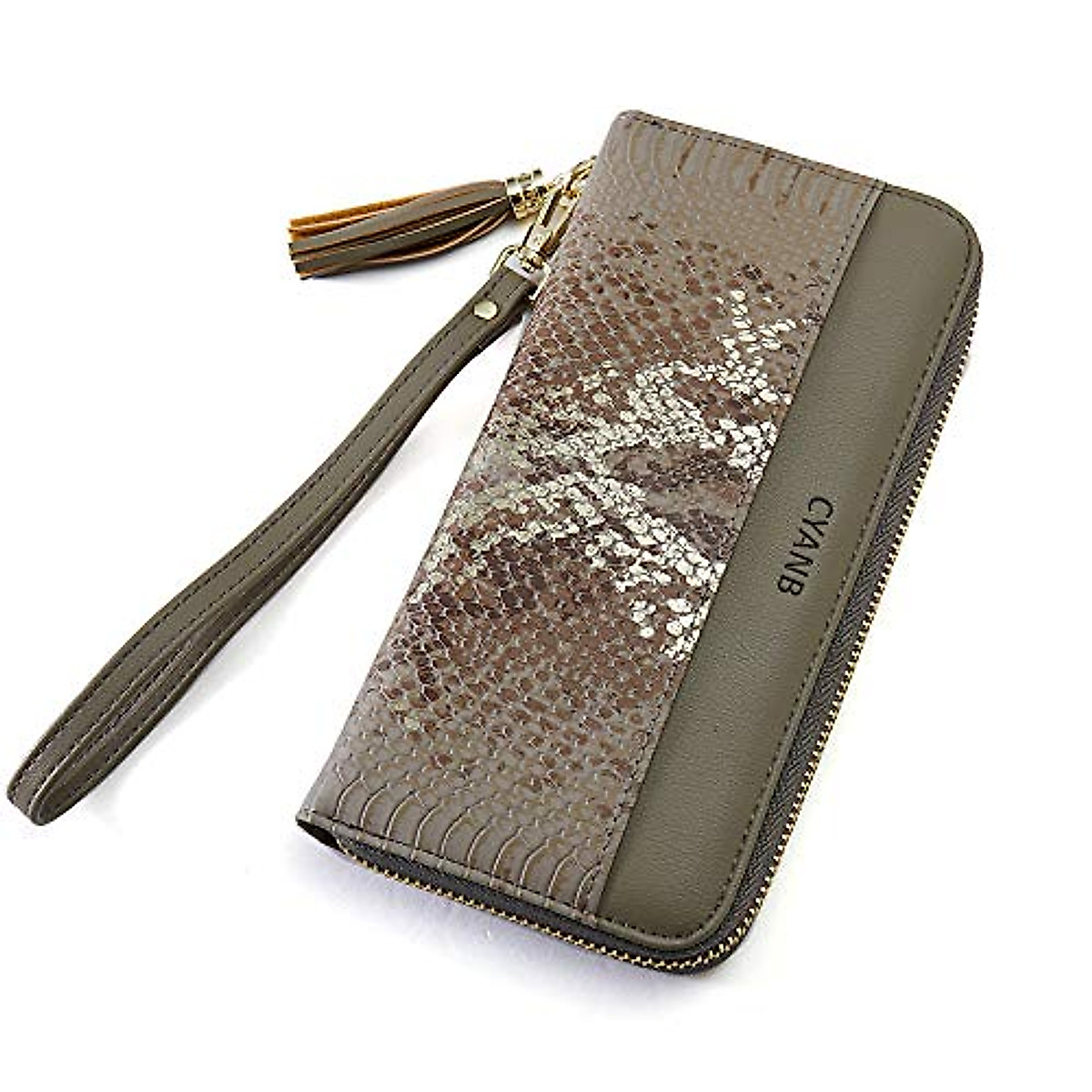 CYANB Women Wallets Tassel Bifold Ladies Cluth Wristlet Wrist strap Long Purse Snake Print Sequins Dark Brown