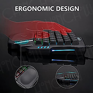CHONCHOW One Handed Gaming Keyboard Rainbow LED Light Up, 35 Keys Protable Mini Single Hand Keyboard with Wrist Rest, Ergonomic Wired One Hand Keyboard for Xbox PS4 PS5 PC Laptop with USB Hub