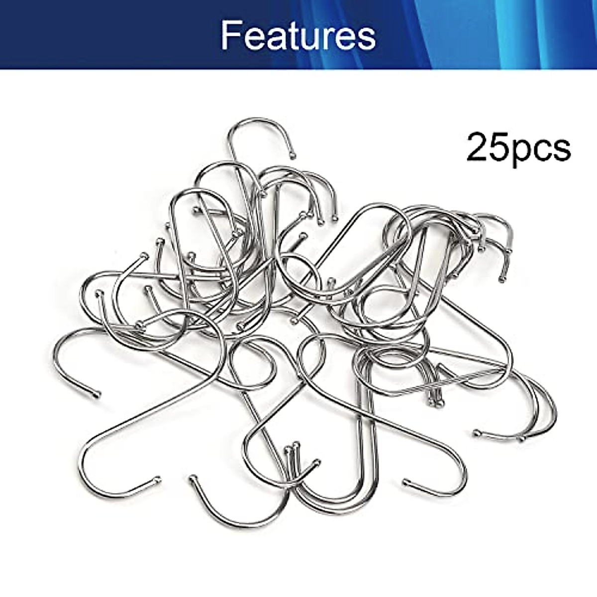Juvielich 25 Pcs 5" Wall Mounted S Shaped Hook Hangers for Towel Bag Key Kitchen Utensils, Thickness 4mm/0.16" Silver Colored