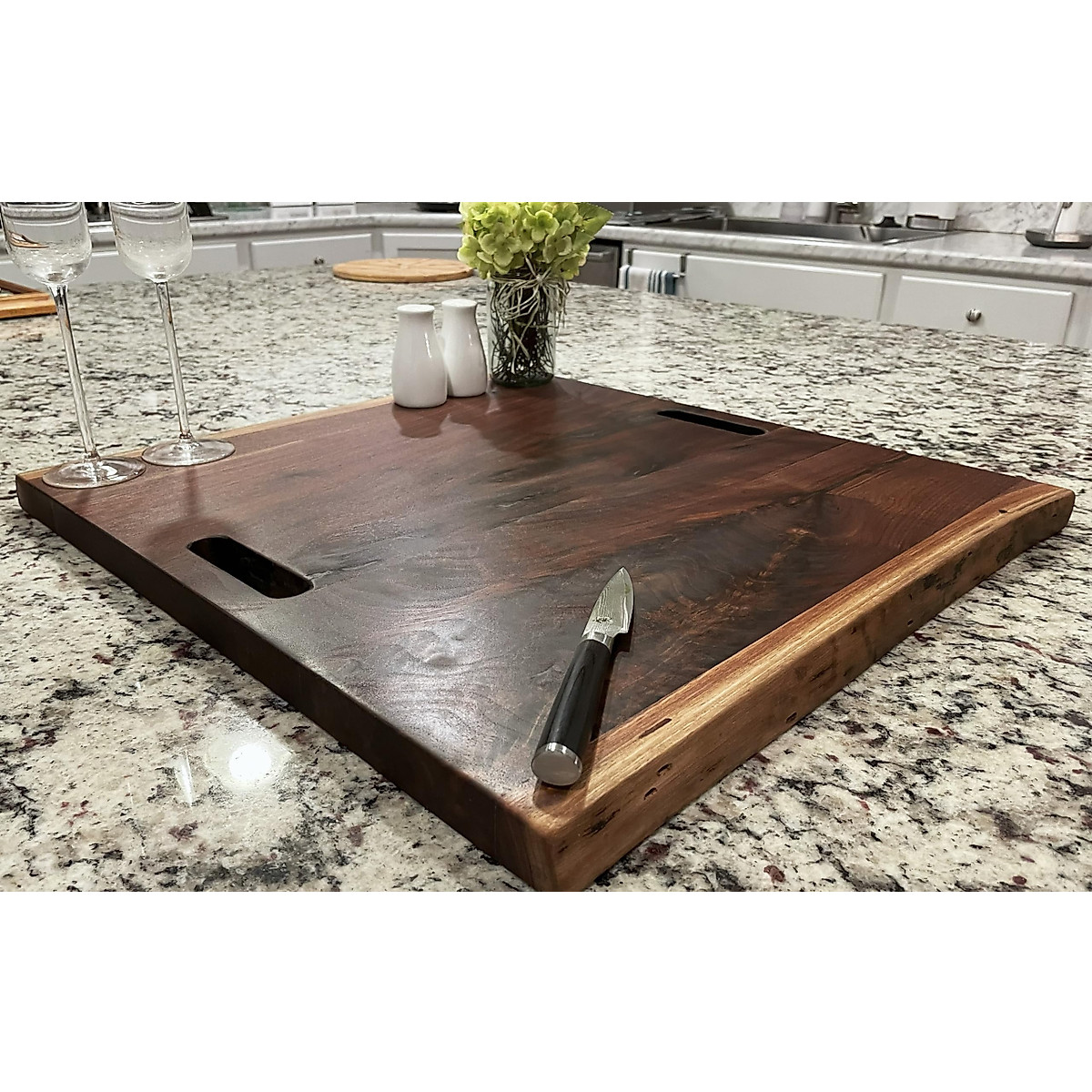 Black Walnut Ultra Large Gorgeous, Forest-to-Table Solid Double Live Edge Wood Charcuterie/Appetizer/Sushi/Dessert/Grazing Board/Serving Platter 100% USA Handcrafted. About 21 x 22 x 1.25