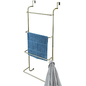 MyGift 4 Rung Over-The-Door Towel Drying Rack in Vintage Brass Tone Metal Ladder Design, Space Saving Door Hanging Bathroom Towels Storage Holder with 4 Bonus Accessories Hooks