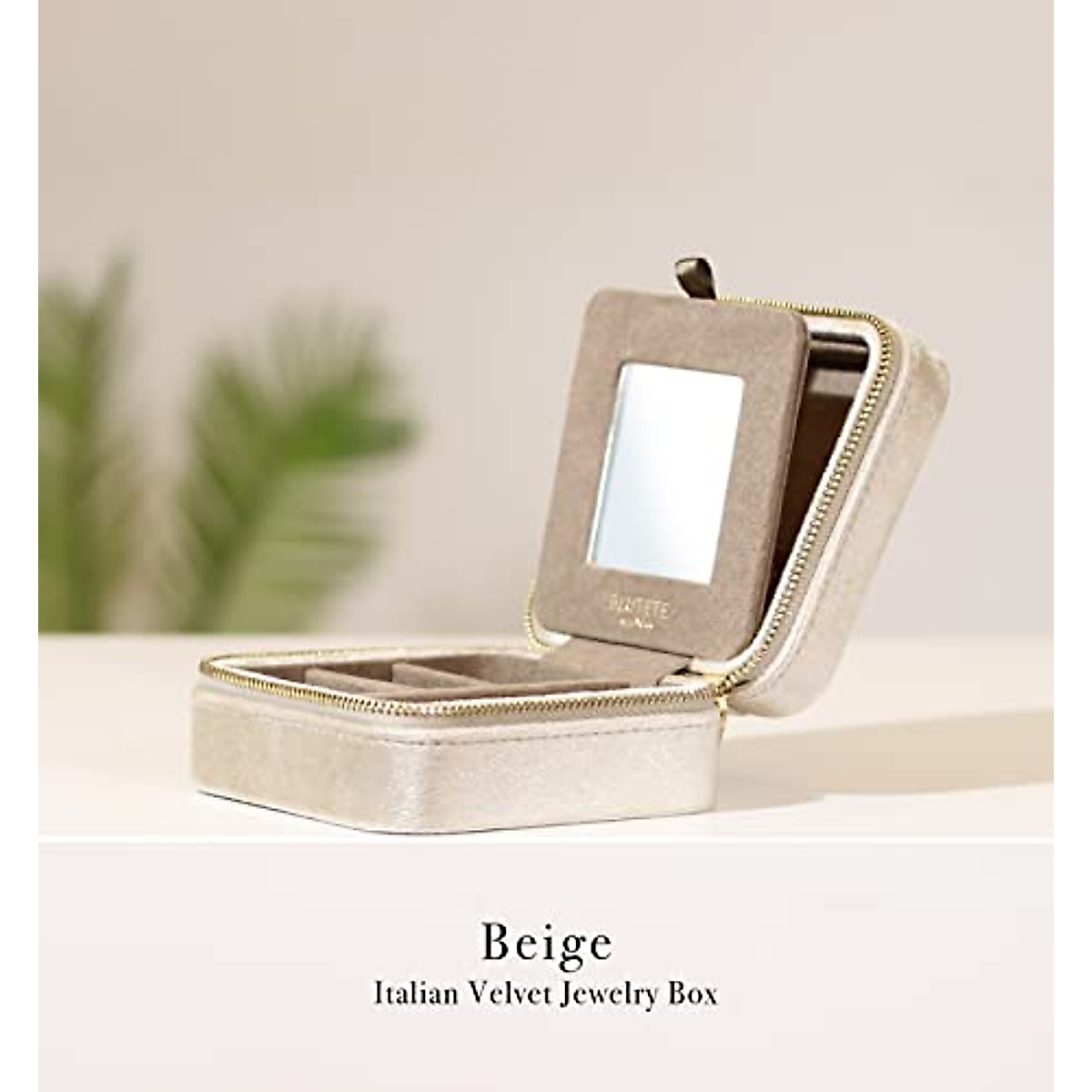BLUTETE Travel Jewelry Box Organizer Velvet Travel Case With Mirror Ring Earrings Necklaces Storage Organizer Box (Champagne)