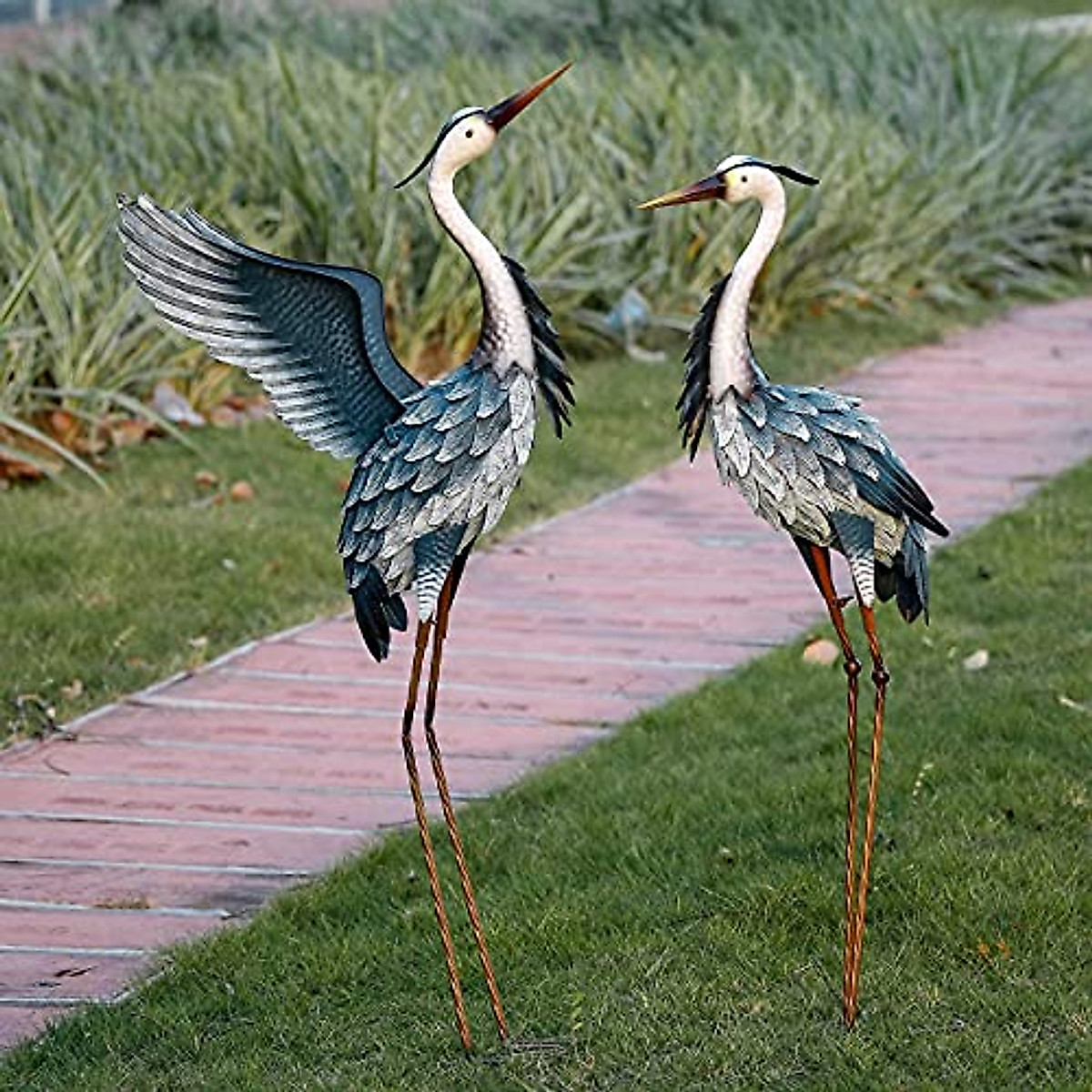 TERESA'S COLLECTIONS 3 Metal Blue Heron Garden Statues, Cranes Decor Animal Family Bird Art Lawn Ornaments for Outdoor Patio Yard Outside Decorations