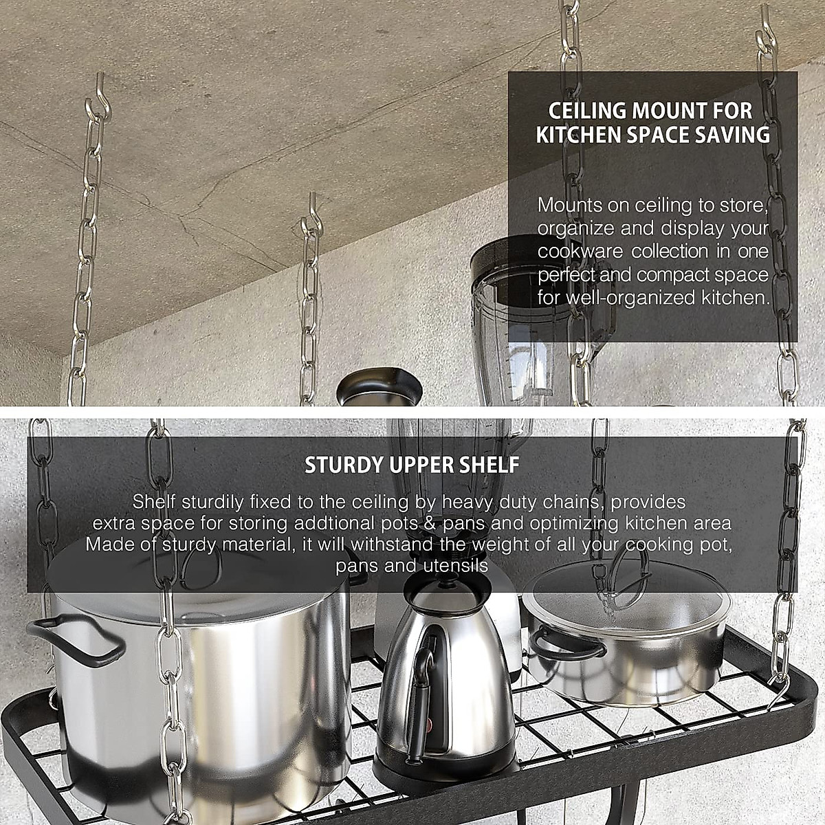 JACKCUBE DESIGN Hanging Pot and Pan Ceiling Rack, Wall Mount Grid Kitchen Pot Organizer Storage Shelves for Utensils, Cookware with 8 S Hooks (24.4 x 11.8 x 1.2 inches)- MK397B