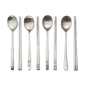 BALWOO [5 Sets] [Made in Korea] Korean Sticky Rice Spoon Chopsticks Set Gold Titanium Plating 304 Stainless Steel Tableware Cutlery Set Mukbang Chopsticks (Korean Palace Pattern, 5 Sets)
