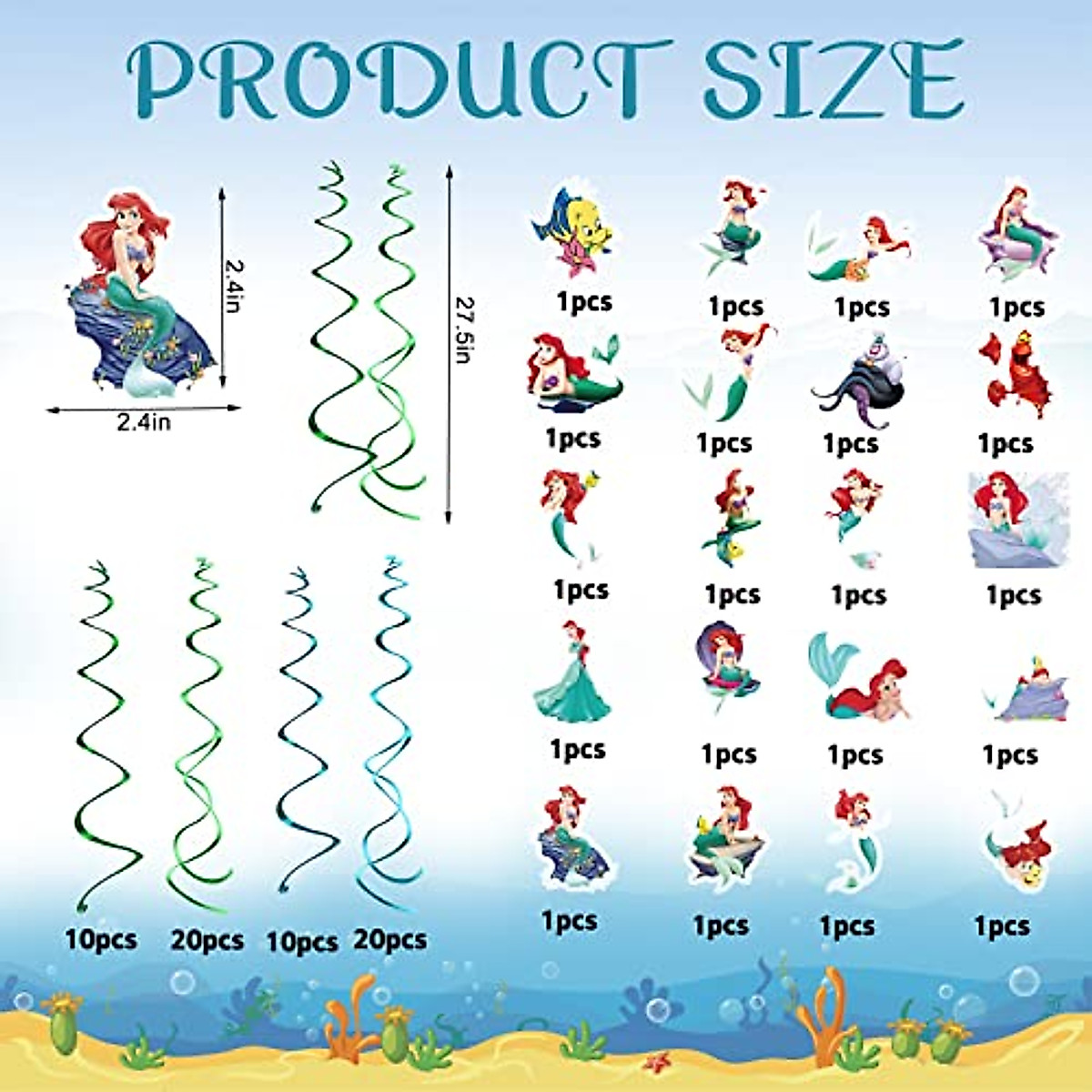 30PCS Little Mermaid Ariel Hanging Swirls, Cartoon Mermaid Ariel Whirls Glitter Foil Ceiling Swirls Streamers Decorations, Little Mermaid Ariel Themed Party Supplies Favors for Boys and Girls Birthday Party Decorations