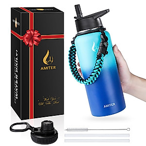 AMITER Insulated Bottle with Straw & Spout Lid, Wide Mouth Stainless Steel Water Bottles with Paracord Handle - 22oz, 32oz, 40oz, 64oz