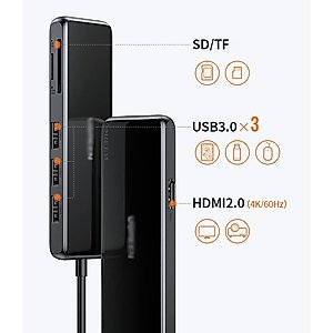 Port Expander USB-C Hub 6 in 1 Multiport USB-C Docking Station with 4K HDMI, 3 USB 3.0 Ports, SD/TF Card Reader, USB Splitter Adapter USB Splitter