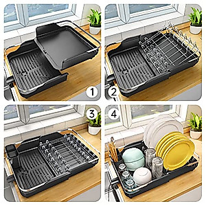 SAYZH Dish Drying Rack - Expandable Dish Rack for Kitchen Counter, Stainless Steel Dish Drainers with Drainaboard, Cabinet Black Dry Rack Dishes with Cup Holder Utensil Holder(11.5"-19.3")