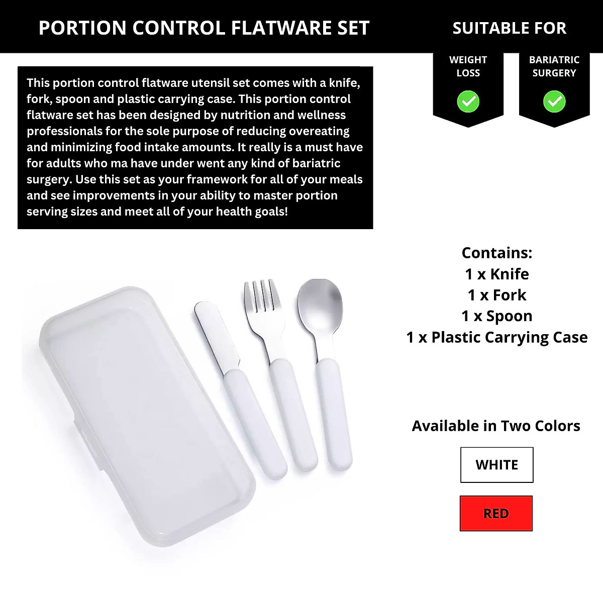 Portion Control Flatware Set for Healthy Eating or Bariatric Diet, Includes Stainless Steel Spoon, Fork, and Knife, Helps Reduce Food Intake Amounts, 3 Piece Set (3 Piece Set (White with Case))